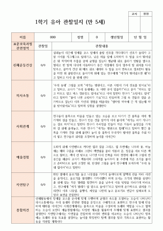 실제사례 관찰일지 만 5세 20명 1학기 관찰일지와 해석