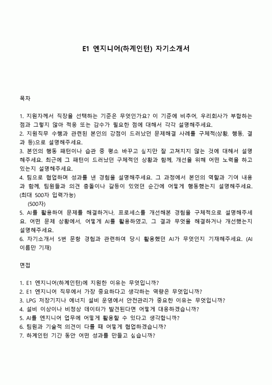 E1 엔지니어(하계인턴) 자기소개서