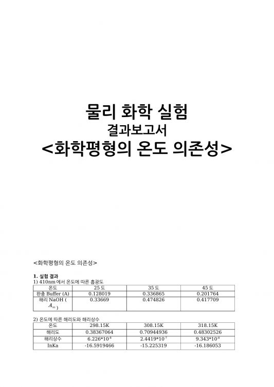 [물리화학실험] 화학평형의 온도 의존성_결과보고서