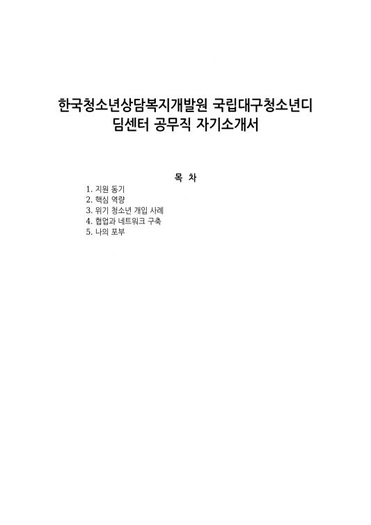 한국청소년상담복지개발원 국립대구청소년디딤센터 공무직 자기소개서