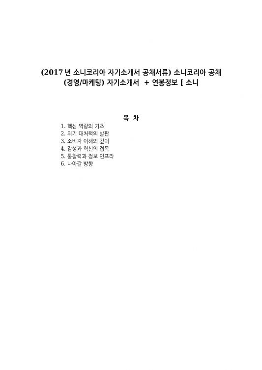 (2017년 소니코리아 자기소개서 공채서류) 소니코리아 공채(경영/마케팅) 자기소개서 + 연봉정보 [ 소니