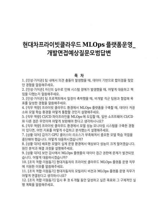 현대차프라이빗클라우드MLOps플랫폼운영_개발면접예상질문모범답변