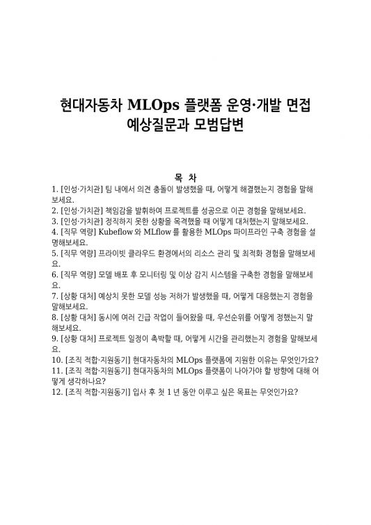 현대자동차 MLOps 플랫폼 운영·개발 면접 예상질문과 모범답변