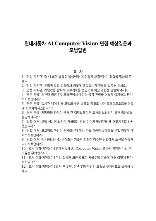 현대자동차 AI Computer Vision 면접 예상질문과 모범답변