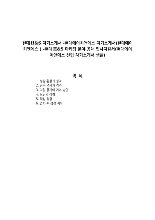 현대H&S 자기소개서 -현대에이치앤에스 자기소개서(현대에이치엔에스 ) -현대H&S 마케팅 분야 공채 입사지원서(현대에이치앤에스 신입 자기소개서 샘플)