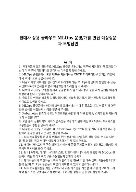 현대차 상용 클라우드 MLOps 운영/개발 면접 예상질문과 모범답변