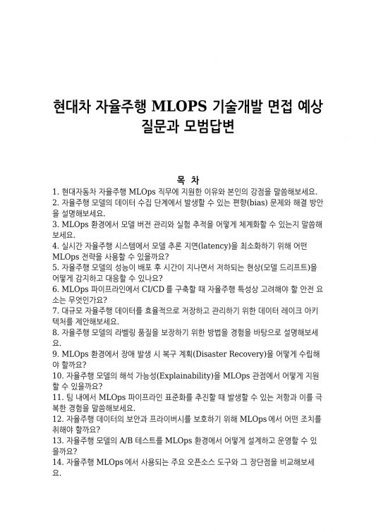 현대차 자율주행 MLOPS 기술개발 면접 예상질문과 모범답변