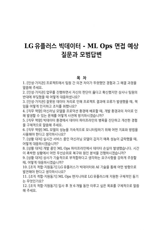 LG유플러스 빅데이터 - ML Ops 면접 예상질문과 모범답변