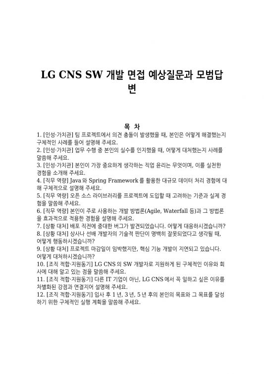 LG CNS SW 개발 면접 예상질문과 모범답변