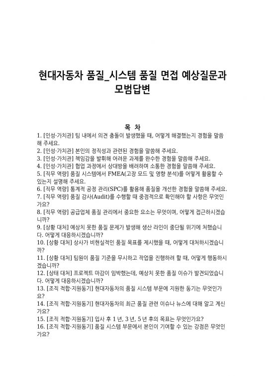 현대자동차 품질_시스템 품질 면접 예상질문과 모범답변