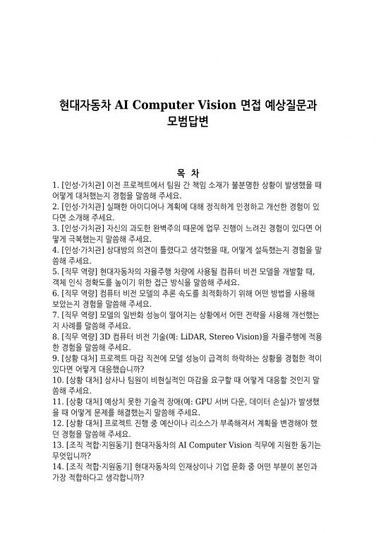 현대자동차 AI Computer Vision 면접 예상질문과 모범답변