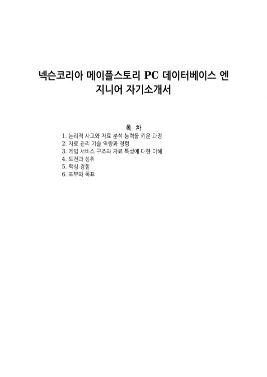 넥슨코리아 메이플스토리 PC 데이터베이스 엔지니어 자기소개서