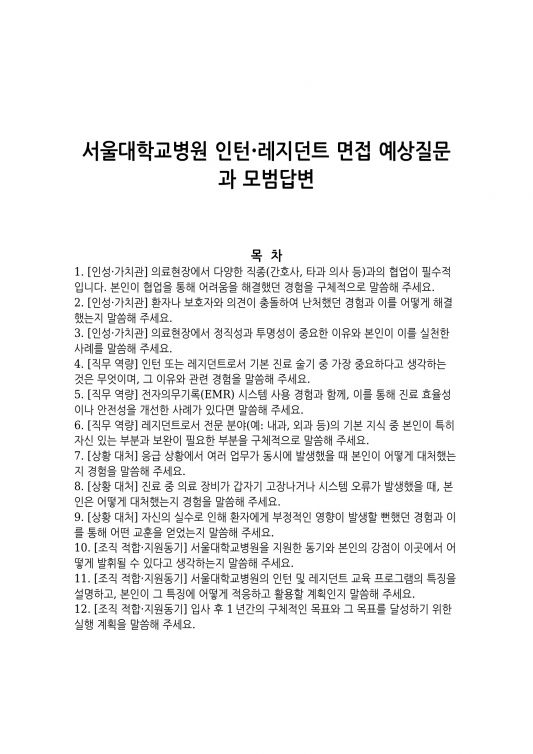 서울대학교병원 인턴·레지던트 면접 예상질문과 모범답변