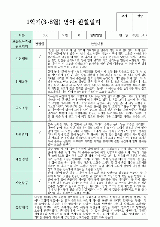 1학기 관찰일지 만 0세 10명 현장 실제 사례