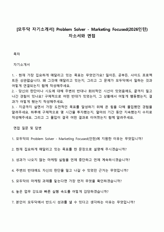 [모두닥 자기소개서] Problem Solver - Marketing Focused(2026인턴) 자소서와 면접