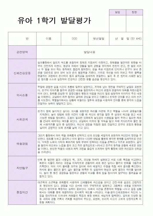 발달평가 만 4세 21명 1학기와 2학기 평가제 통과 실제 적용