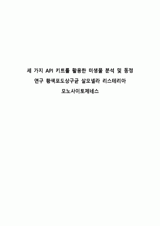 세 가지 API 키트를 활용한 미생물 분석 및 동정 연구 황색포도상구균 살모넬라 리스테리아 모노사이토제네스