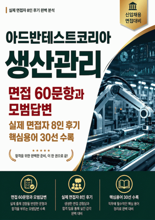 아드반테스트코리아 생산관리 면접후기] 아드반테스트코리아 생산관리분야 실제면접 지원자 8인의 후기 기반의 생산관리분야 면접 기출 60문항 및 모범 답변 수록