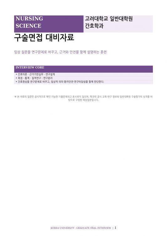 고려대학교 일반대학원 간호학과 구술면접 대비자료