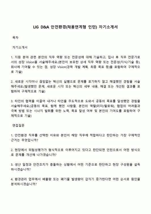 LIG D&A 안전환경(채용연계형 인턴) 자기소개서