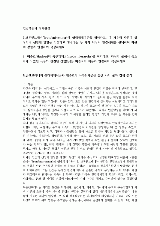 인간행동과 사회환경 브론펜브레너의 생태체계이론과 매슬로의 욕구위계론