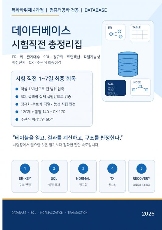 [독학사] 4단계 컴퓨터공학 데이터베이스 시험직전 총정리집