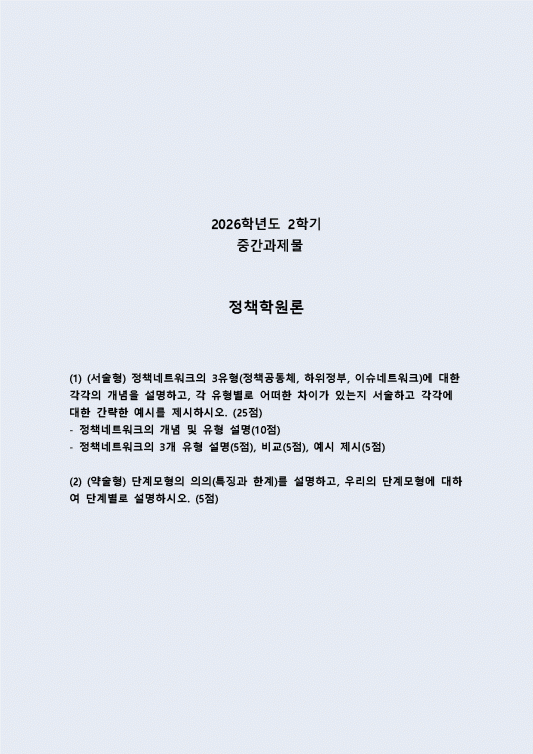 [정책학원론] (1) (서술형) 정책네트워크의 3유형(정책공동체, 하위정부, 이슈네트워크)에 대한 각각의 개념을 설명하고, 각 유형별로 어떠한 차이가 있는지 서술하고 각각에 대한 간략한 예시를 제시하시오