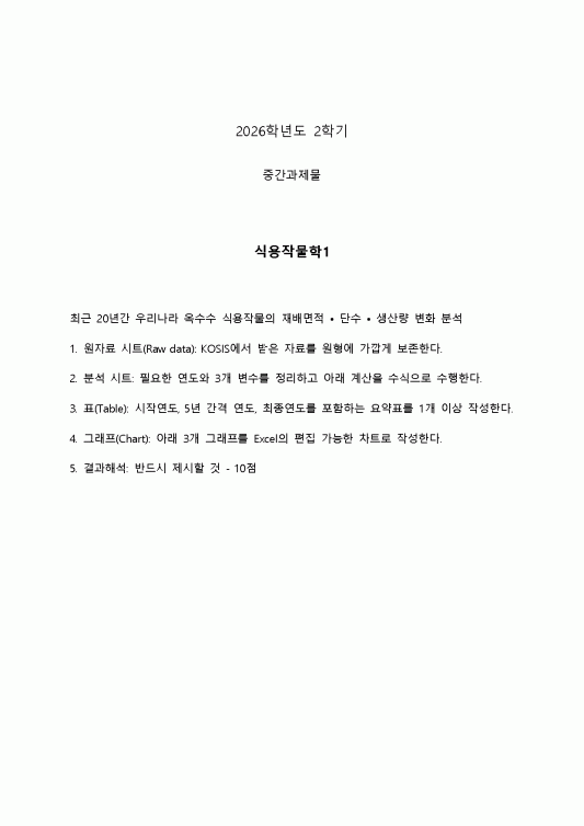 (식용작물학1, 2026학년도 2학기, 중간과제물, 공통형) 최근 20년간 우리나라 옥수수 식용작물의 재배면적 단수 생산량 변화 분석 1. 원자료 시트(Raw data): KOSIS에서 받은 자료를 원형에 가깝게 보존한다. 2. 분석 시트: 필요한 연도와 3개 변수를 정리하고 아래 계산을 수식으로 수행한다. 3. 표(Table): 시작연도, 5년 간격 연도
