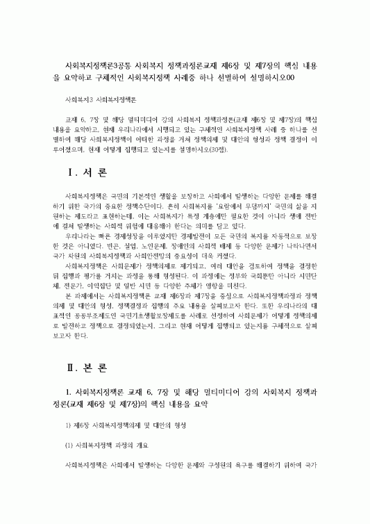 사회복지정책론3공통 사회복지 정책과정론교재 제6장 및 제7장의 핵심 내용을 요약하고 구체적인 사회복지정책 사례중 하나 선별하여 설명하시오0k