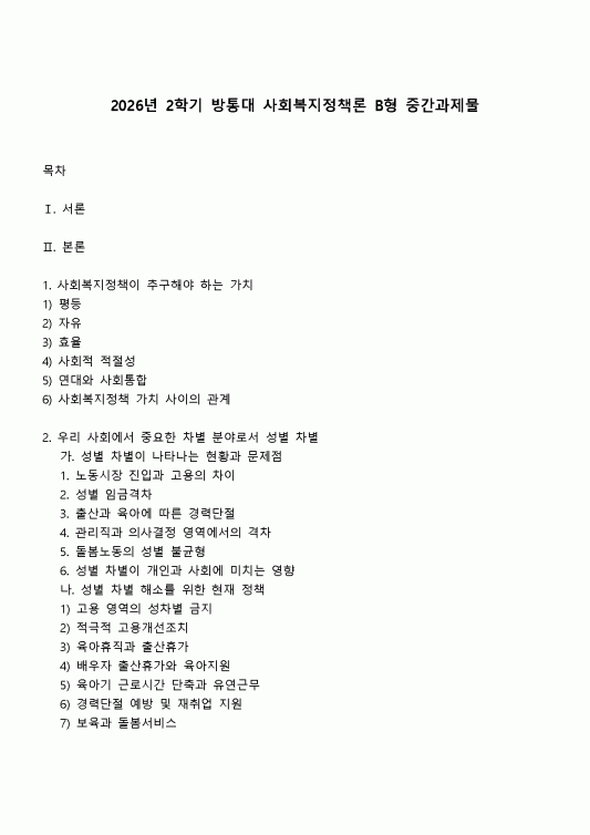 2026년 2학기 방통대 사회복지정책론 B형 중간과제물