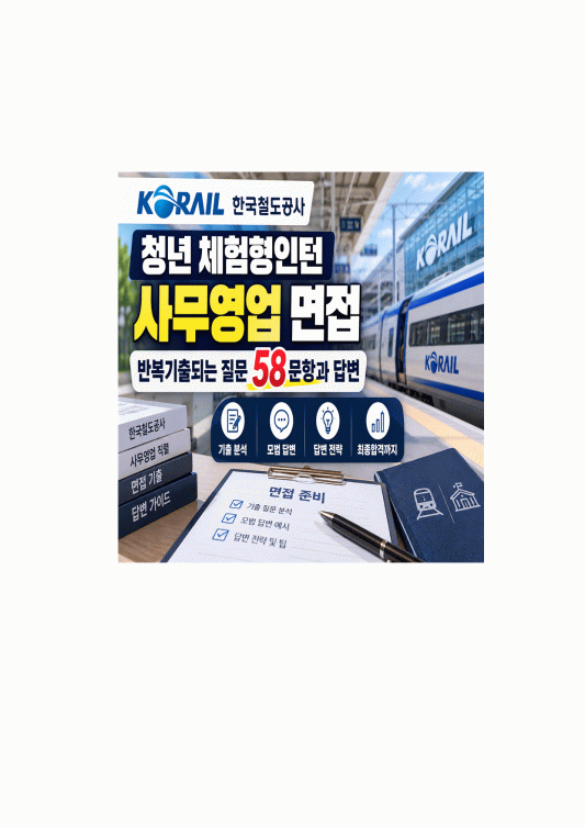 한국철도공사 청년 체험형인턴 사무영업 면접 (반복기출되는 질문 58문항과 답변)