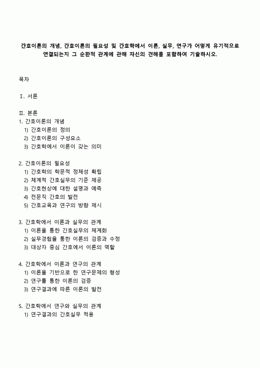 간호이론의 개념 간호이론의 필요성 및 간호학에서 이론 실무 연구가 어떻게 유기적으로 연결되는지 그 순환적 관계에 관해 자신의 견해를 포함하여 기술하시오