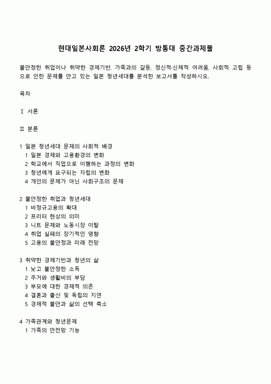 현대일본사회론 2026년 2학기 방통대 중간과제물