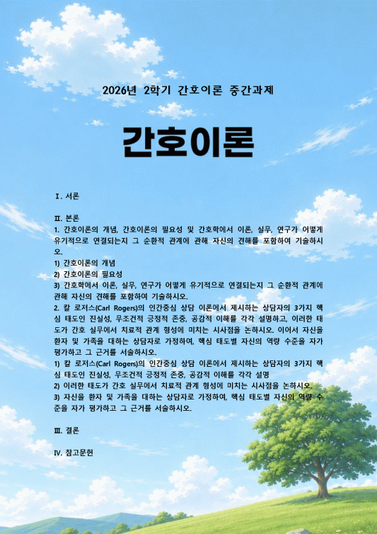 [간호이론 2026년] 1. 간호이론의 개념, 간호이론의 필요성 및 간호학에서 이론, 실무, 연구가 유기적으로 연결되는 순환적관계 2. 칼 로저스의 인간중심 상담 이론 상담자의 3가지 핵심 태도 진실성, 무조건적 긍정적 존중, 공감적 이해, 이러한 태도가 간호실무에서 치료적 관계 형성에의 시사점, 자신을 환자를 대하는 상담자 가정, 역량수준을 자가평가 근거