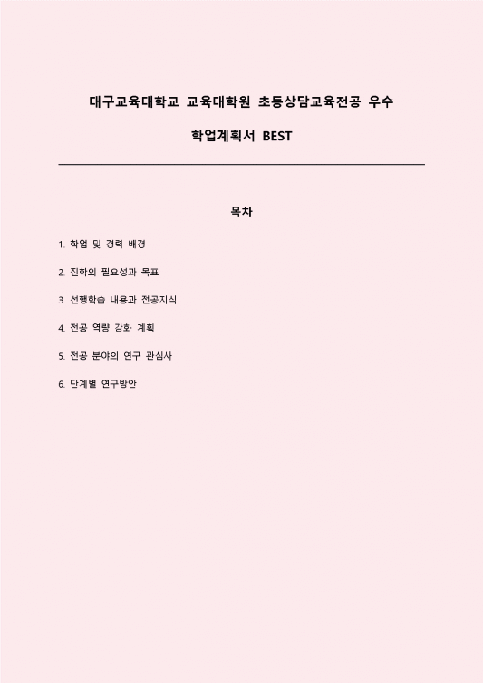 대구교육대학교 교육대학원 초등상담교육전공 우수 학업계획서 BEST
