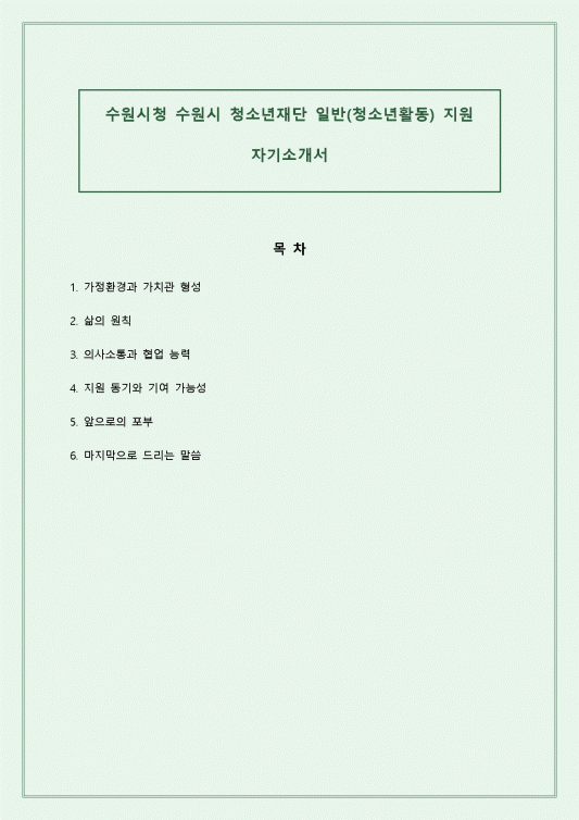 수원시청 수원시 청소년재단 일반(청소년활동) 지원 자기소개서