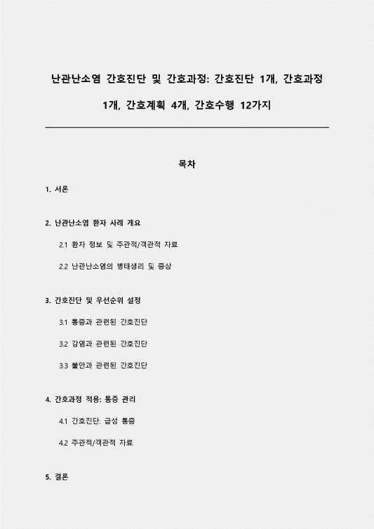 난관난소염 간호진단 및 간호과정: 간호진단 1개, 간호과정 1개, 간호계획 4개, 간호수행 12가지