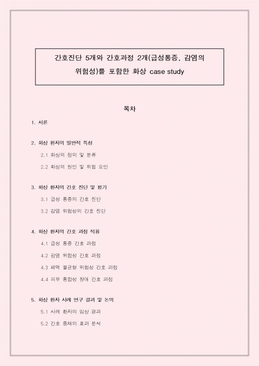 간호진단 5개와 간호과정 2개(급성통증, 감염의 위험성)를 포함한 화상 case study