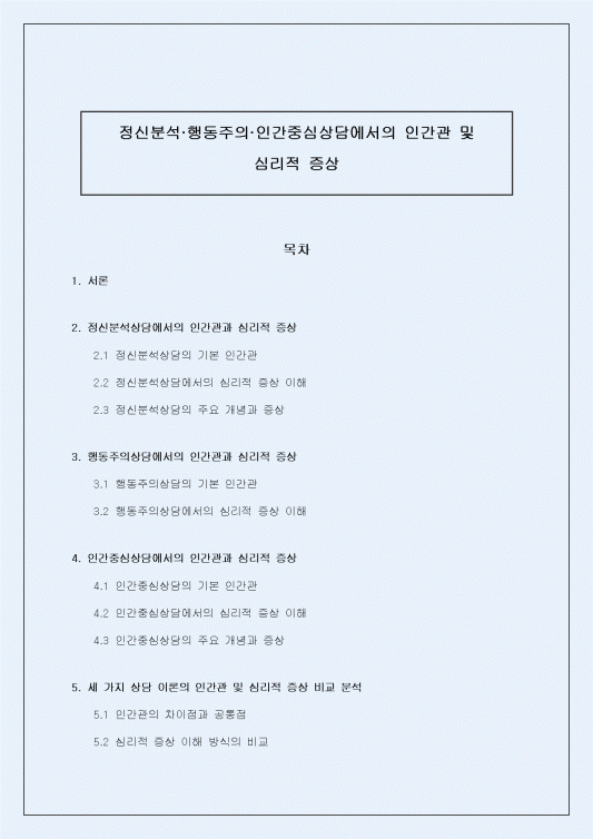 정신분석·행동주의·인간중심상담에서의 인간관 및 심리적 증상