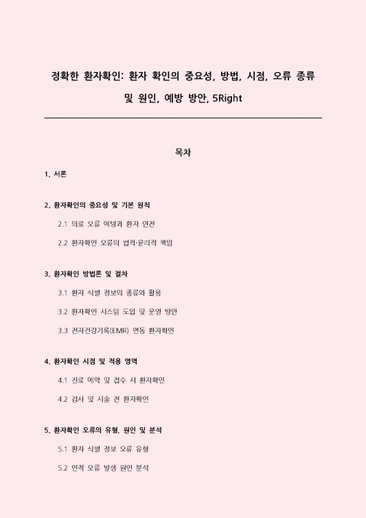 정확한 환자확인: 환자 확인의 중요성, 방법, 시점, 오류 종류 및 원인, 예방 방안, 5Right
