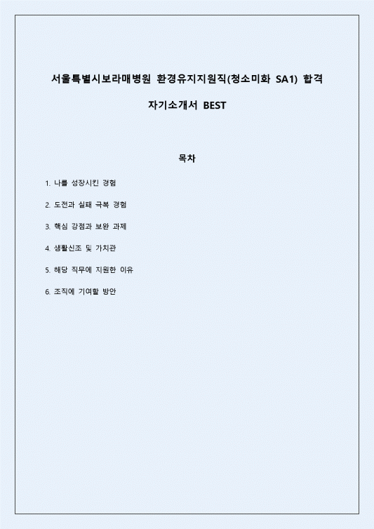 서울특별시보라매병원 환경유지지원직(청소미화 SA1) 합격 자기소개서 BEST