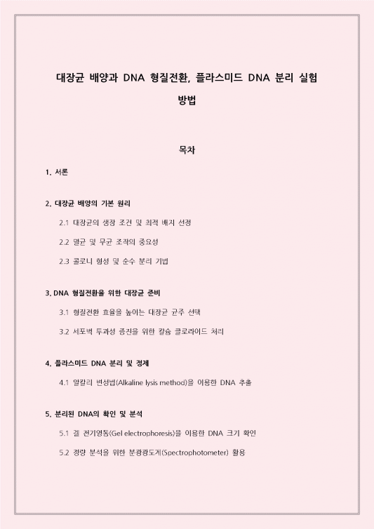 대장균 배양과 DNA 형질전환, 플라스미드 DNA 분리 실험 방법