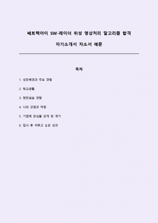 쎄트렉아이 SW-레이더 위성 영상처리 알고리즘 합격 자기소개서 자소서 예문