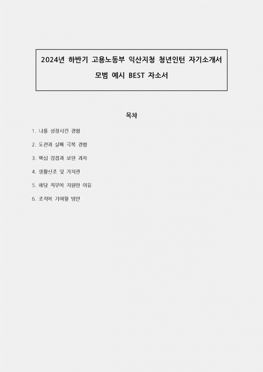 2024년 하반기 고용노동부 익산지청 청년인턴 자기소개서 모범 예시 BEST 자소서