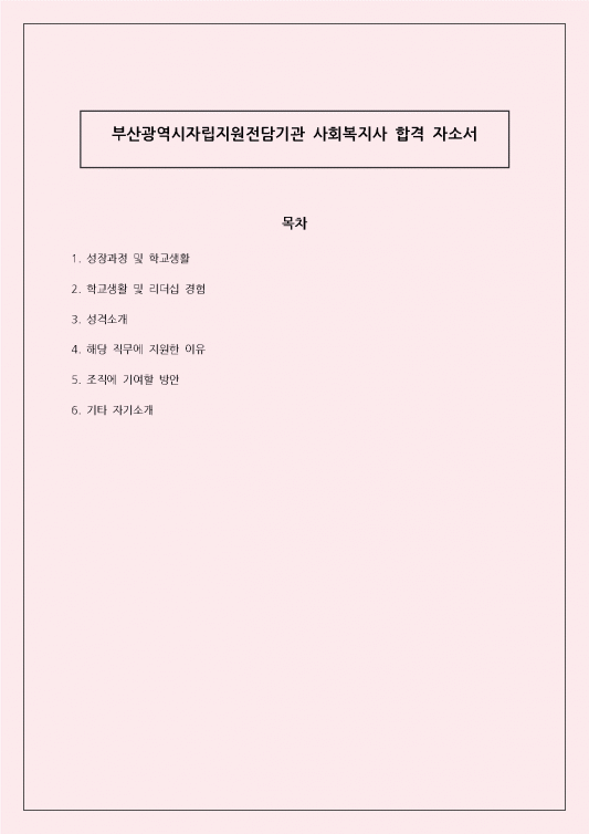 부산광역시자립지원전담기관 사회복지사 합격 자소서