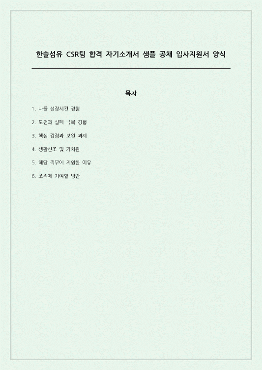 한솔섬유 CSR팀 합격 자기소개서 샘플 공채 입사지원서 양식