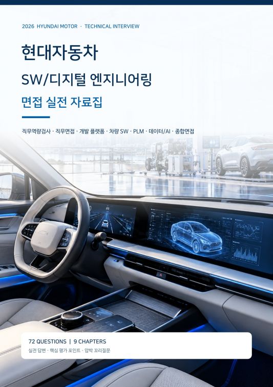 2026 현대자동차 SW/디지털 엔지니어링 면접 실전 자료집] 직무역량검사 직무면접 개발플랫폼 차량SW PLM 데이터/AI 종합면접 (실전 72문항 및 모범답변)
