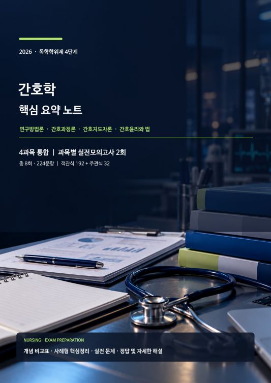 [독학사 4단계] 간호학 4과목 핵심요약 + 모의고사 8회분 (간호연구방법론 간호과정론 간호지도자론 간호윤리와법)