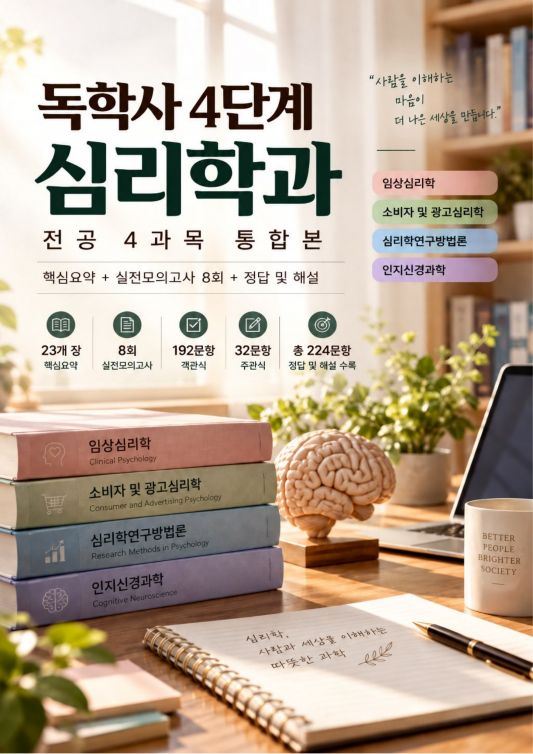 [독학사 4단계] 심리학과 전공 4과목 핵심요약 + 실전모의고사 (임상심리학 소비자및광고심리학 심리학연구방법론 인지신경과학)