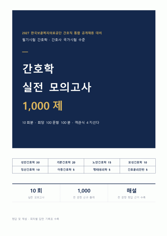 2027 한국보훈복지의료공단 간호직 통합 공개채용 대비 필기시험 간호학, 간호사 국가시험 수준 간호학 실전 모의고사 1,000제